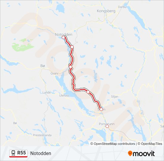 R55 Rute: rutetider, holdeplasser og kart - Notodden (Oppdatert)