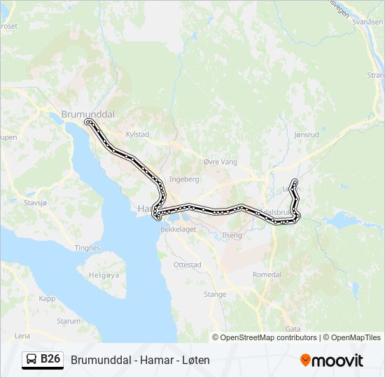 b26 Rute: rutetider, holdeplasser og kart - Hamar - Løten (Oppdatert)