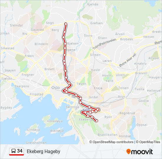 34 Rute: rutetider, holdeplasser og kart - Ekeberg Hageby (Oppdatert)