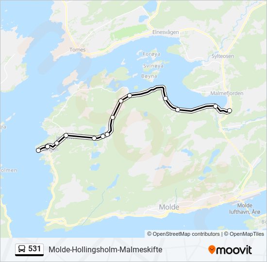 531 Rute: rutetider, holdeplasser og kart - Malmeskiftet (Oppdatert)