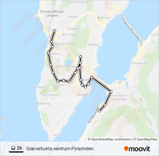 26 Rute: rutetider, holdeplasser og kart - Tromsdalen Via Sentrum ...