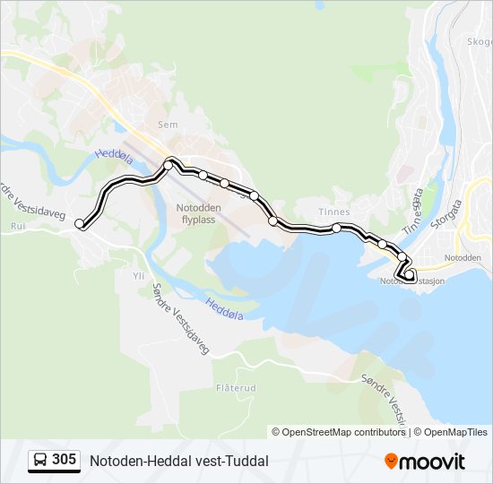 305 Rute: rutetider, holdeplasser og kart - Notodden (Oppdatert)