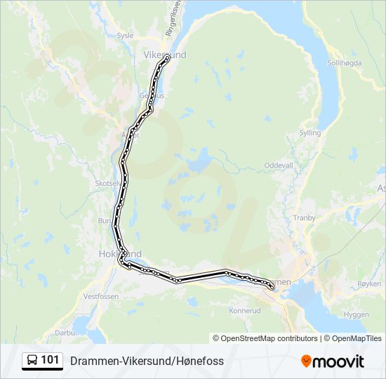 101 Rute: rutetider, holdeplasser og kart - Vikersund Via Hokksund ...