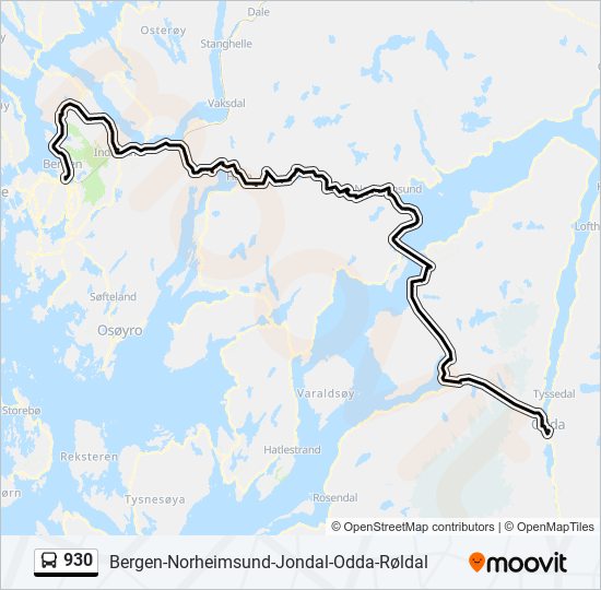 930 Rute: rutetider, holdeplasser og kart - Odda Via Ingen Avstiging ...