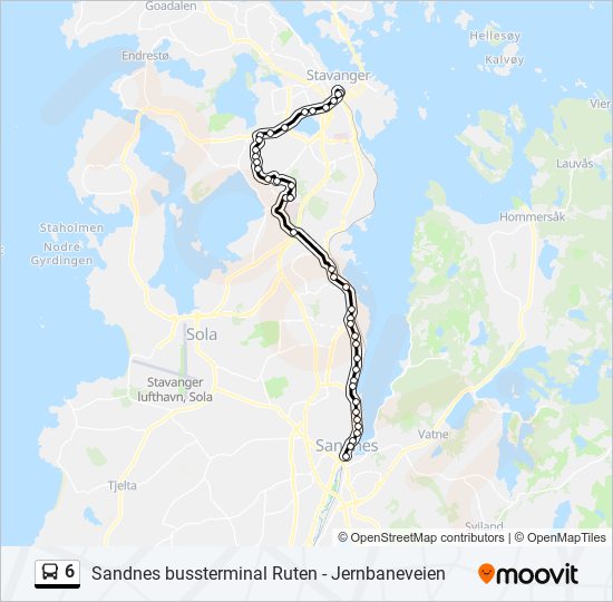 6 Rute: rutetider, holdeplasser og kart - Stavanger Via Uis (Oppdatert)