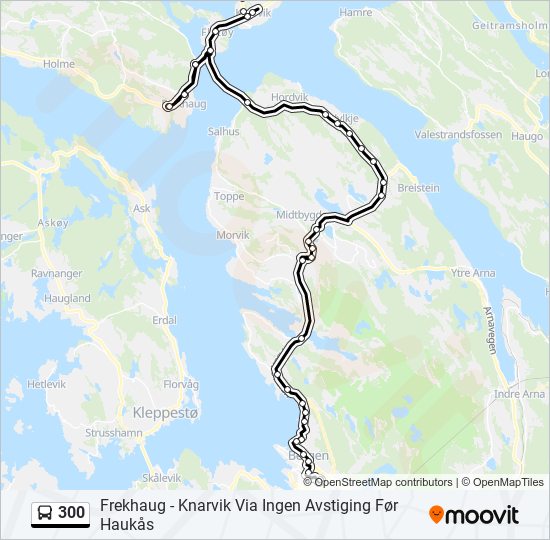 300 Rute: rutetider, holdeplasser og kart - Frekhaug - Knarvik Via ...