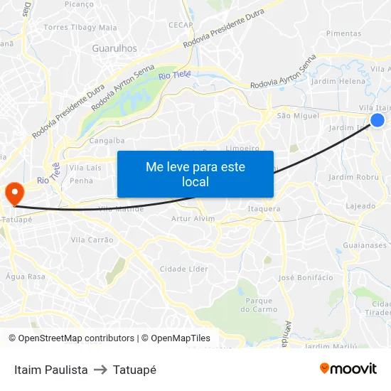 Itaim Paulista para Tatuapé de transporte público