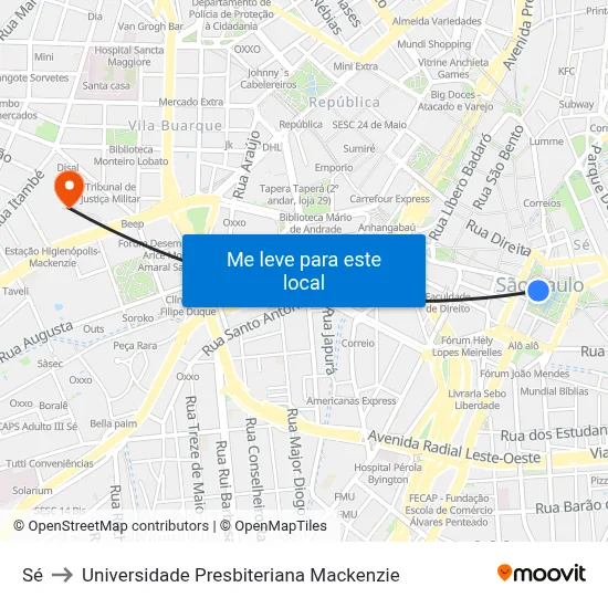 Sé para Universidade Presbiteriana Mackenzie de transporte público