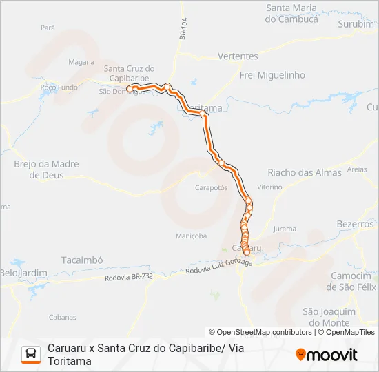 Rota da linha CARUARU X SANTA CRUZ DO CAPIBARIBE VIA TORITAMA: horários ...