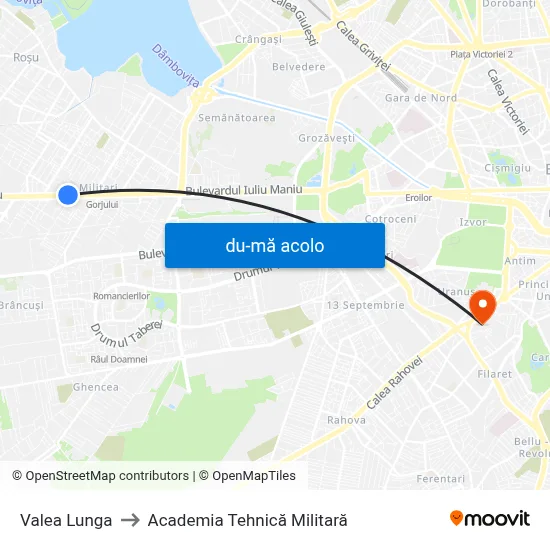 Valea Lunga până la Academia Tehnică Militară cu transportul public