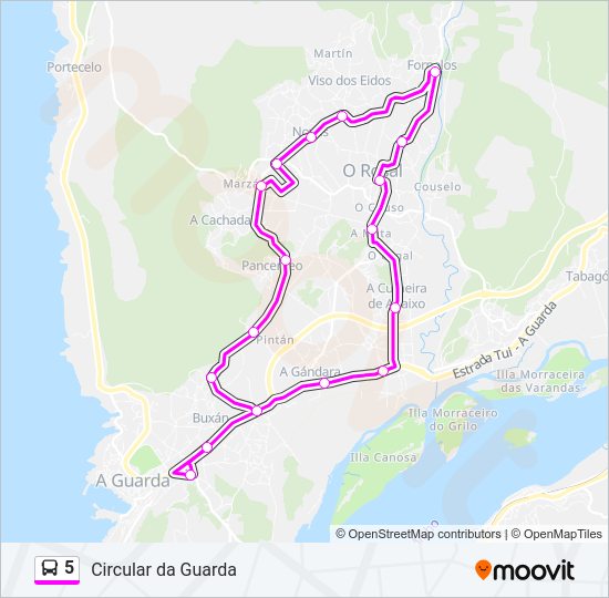 Línea 5: horarios, paradas y mapas - Circular da Guarda (Actualizado)