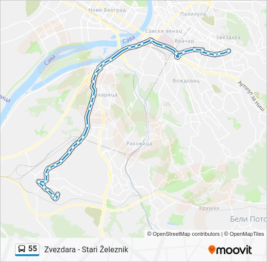 55 Trasa: Redovi vožnje, stajališta i mape - Zvezdara (Ažurirano)