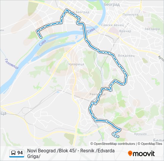 94 Trasa: Redovi vožnje, stajališta i mape - Blok 45 (Ažurirano)