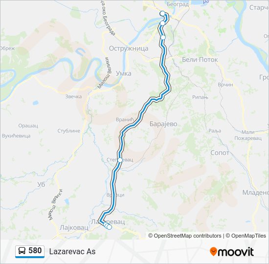 580 Trasa: Redovi vožnje, stajališta i mape - Lazarevac As (Ažurirano)