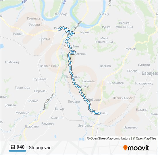 940 Trasa: Redovi vožnje, stajališta i mape - Stepojevac (Ažurirano)