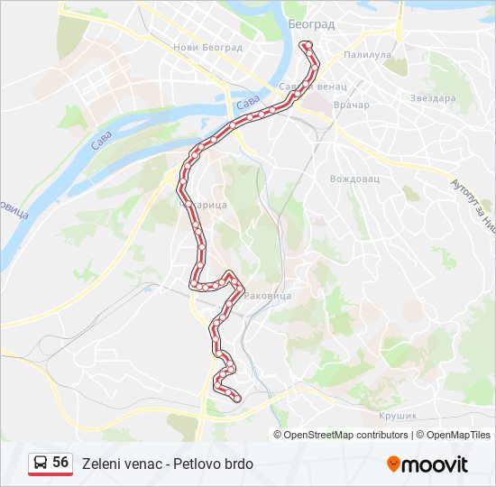 56 Trasa: Redovi vožnje, stajališta i mape - Petlovo brdo - Cerak ...