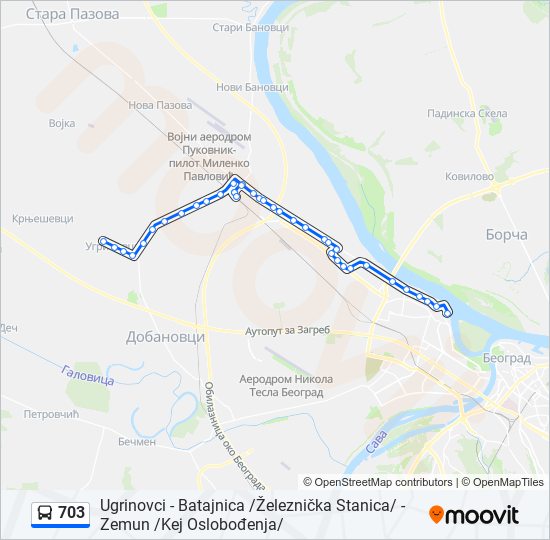 703 Trasa: Redovi vožnje, stajališta i mape - Ugrinovci - Batajnica ...