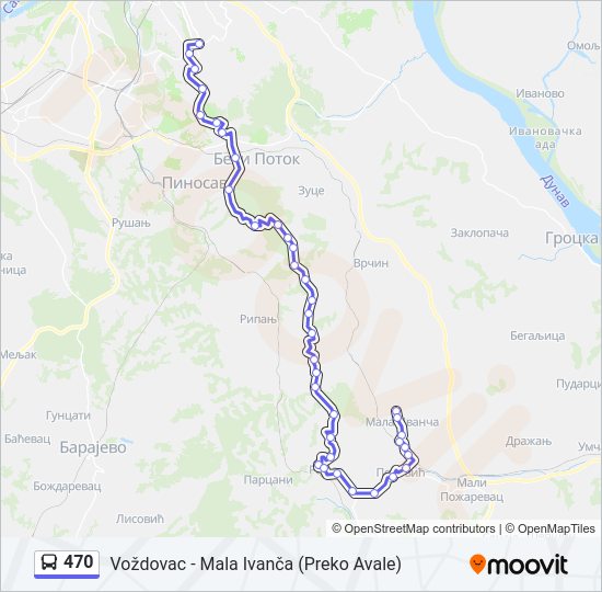 470 Trasa: Redovi vožnje, stajališta i mape - Mala Ivanča - Voždovac ...