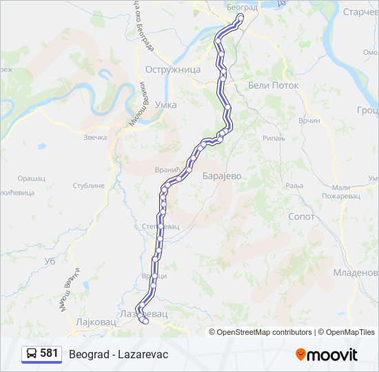 581 Trasa: Redovi vožnje, stajališta i mape - 581 (Beograd > Lazarevac ...