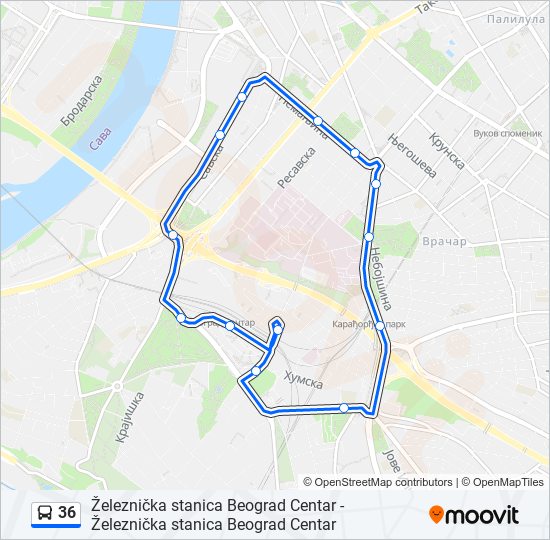 36 Trasa: Redovi vožnje, stajališta i mape - Železnička stanica Beograd ...