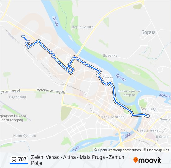 707 Trasa: Redovi vožnje, stajališta i mape - Zeleni Venac - Altina ...