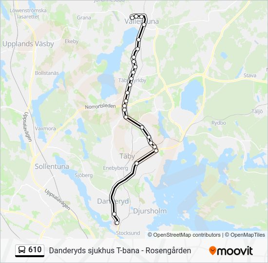 610 Rutt: Tidtabeller, Hållplatser & Kartor - Danderyds Sjukhus T-Bana ...