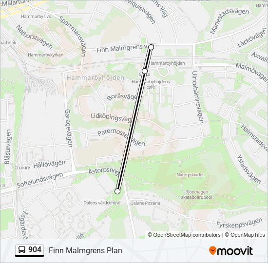 904 Rutt: Tidtabeller, Hållplatser & Kartor - Finn Malmgrens Plan ...