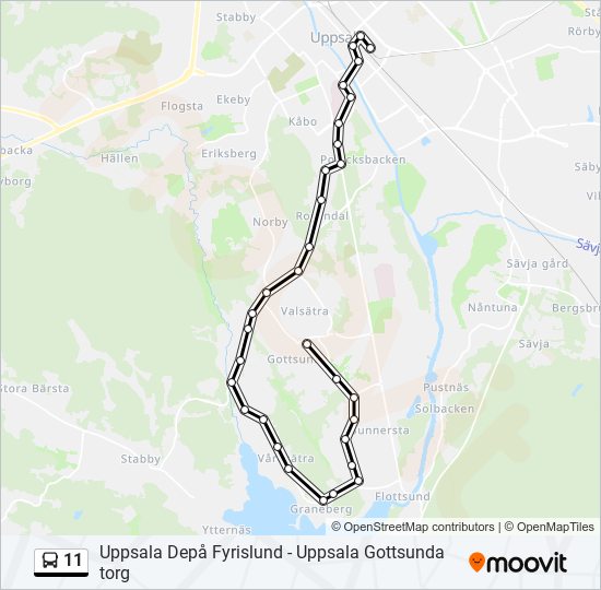 11 Rutt: Tidtabeller, Hållplatser & Kartor - Uppsala Centralstationen ...