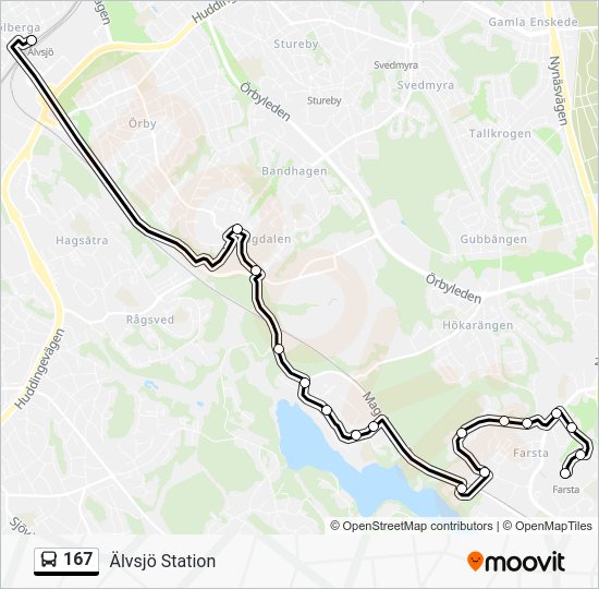 167 Rutt: Tidtabeller, Hållplatser & Kartor - Älvsjö Station (Uppdaterat)