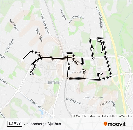 953 Rutt: Tidtabeller, Hållplatser & Kartor - Jakobsbergs Sjukhus ...