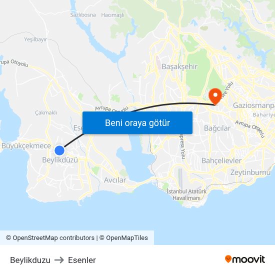 Beylikduzu noktasından Esenler noktasına toplu taşıma ile ulaşım