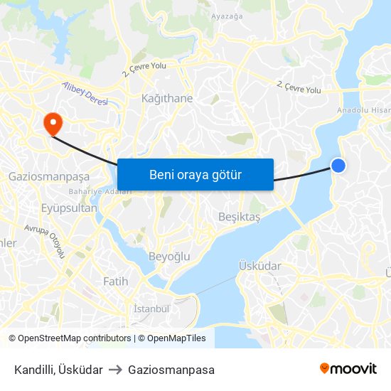 Kandilli, Üsküdar noktasından Gaziosmanpasa noktasına toplu taşıma ile ...