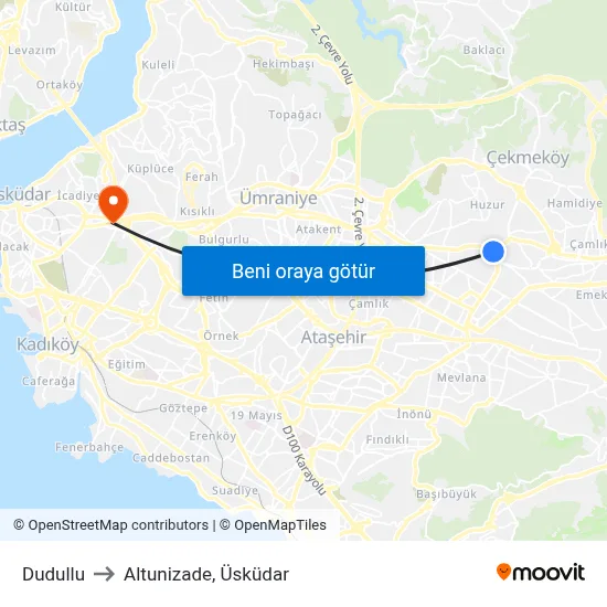 Dudullu noktasından Altunizade, Üsküdar noktasına toplu taşıma ile ulaşım
