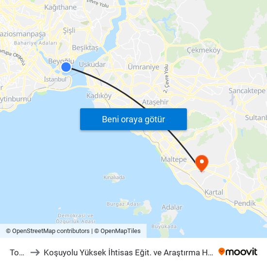 Toplu taşıma ile Tophane, Beyoğlu - Koşuyolu Yüksek İhtisas Eğit. ve ...