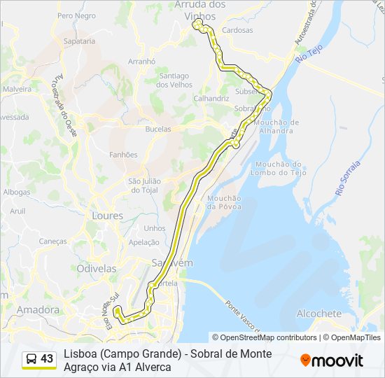 43 Percursos: Horários, paragens e mapas - Arruda dos Vinhos via A1 ...