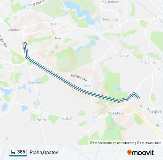 385 Trasa: Jízdní řády, zastávky a mapy - Praha,Opatov (Aktualizováno)