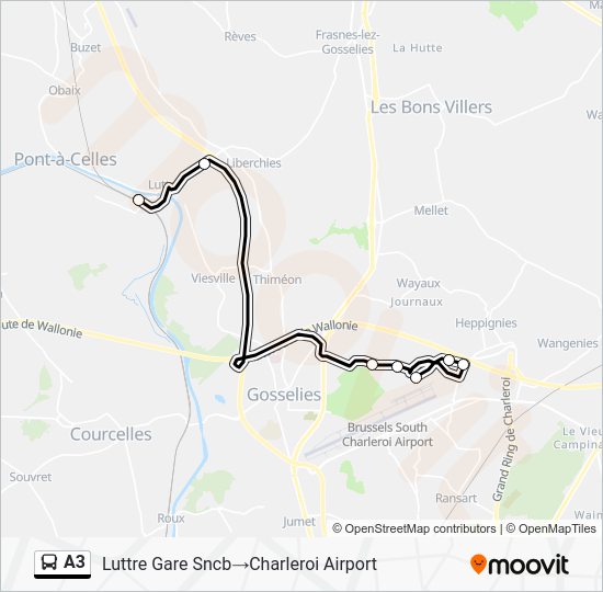 A3 Itinéraire: Horaires, Arrêts & Plan - Luttre Gare Sncb‎→Charleroi ...