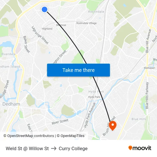 Weld St @ Willow St to Curry College with public transportation