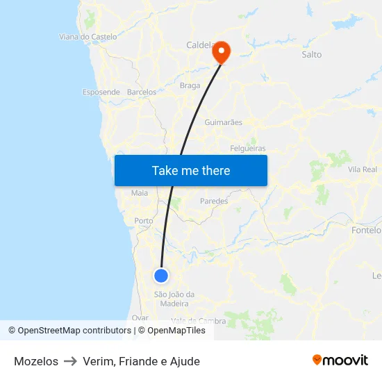 Mozelos para Verim, Friande e Ajude através de transportes públicos