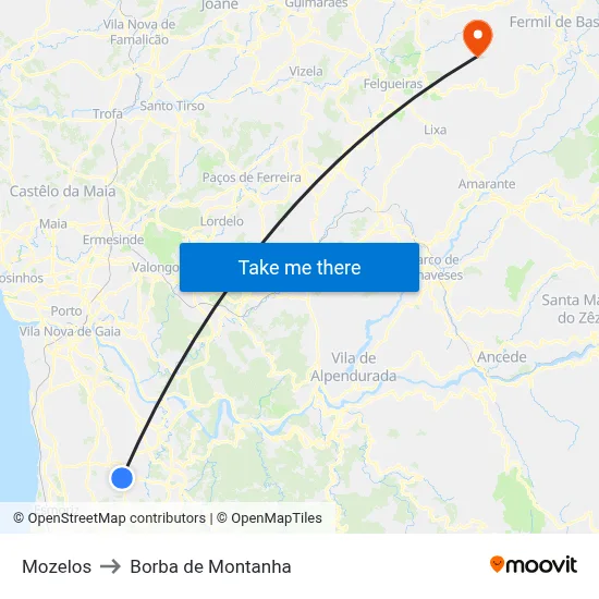 Mozelos para Borba de Montanha através de transportes públicos