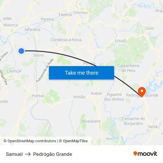 Samuel para Pedrógão Grande através de transportes públicos