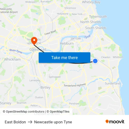 East Boldon to Newcastle upon Tyne with public transportation