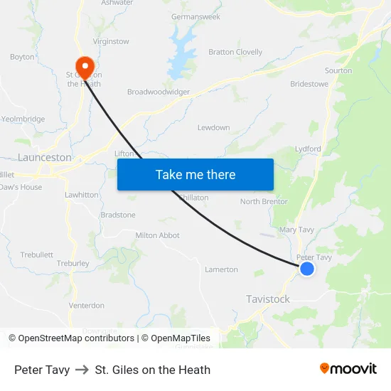 Peter Tavy to St. Giles on the Heath with public transportation