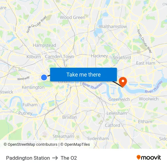 Paddington Station to The O2 with public transportation