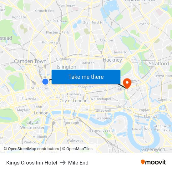 Kings Cross Inn Hotel to Mile End with public transportation