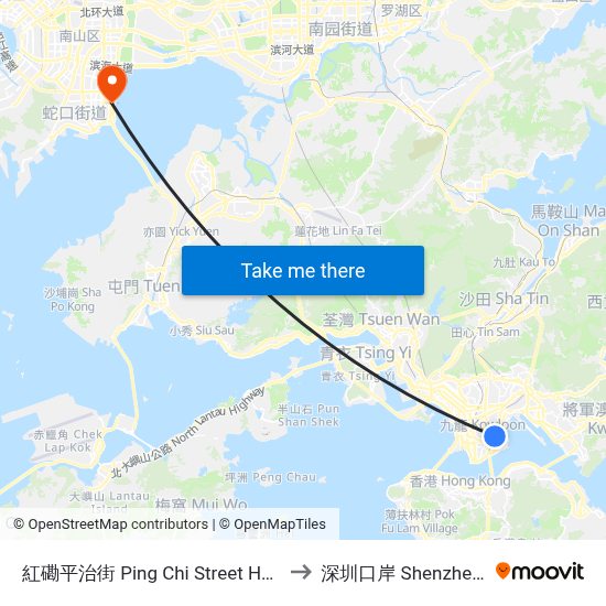 搭乘公共交通工具從的紅磡平治街 Ping Chi Street Hung Hom到深圳口岸 Shenzhen Port