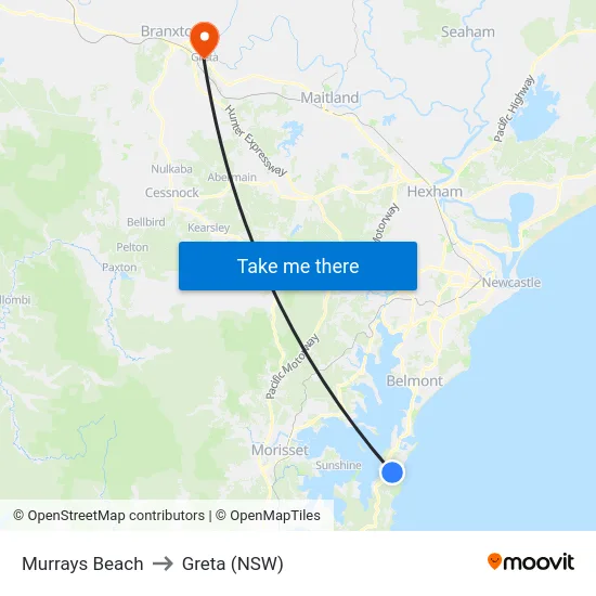 Murrays Beach to Greta (NSW) with public transportation