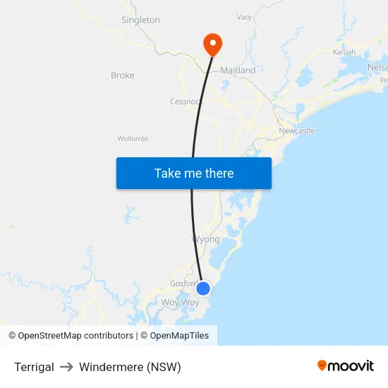 Terrigal to Windermere (NSW) with public transportation