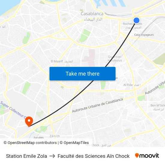 Station Emile Zola à Faculté des Sciences Aïn Chock en transport en commun