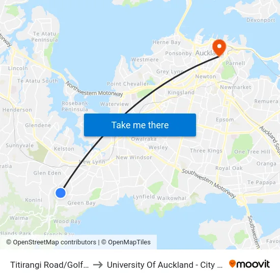 Titirangi Road/Golf Road to University Of Auckland - City Campus with ...
